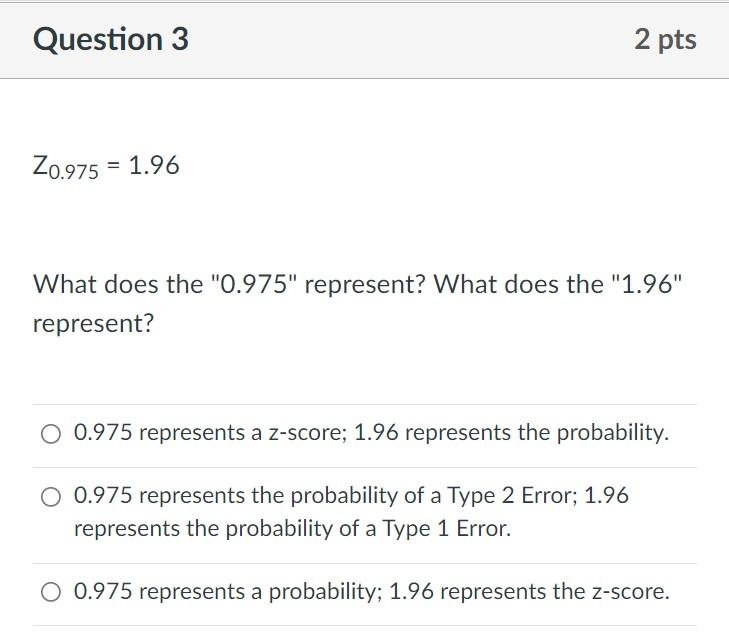 Solved Question 3 2 pts 20.975 = 1.96 What does the "0.975" | Chegg.com