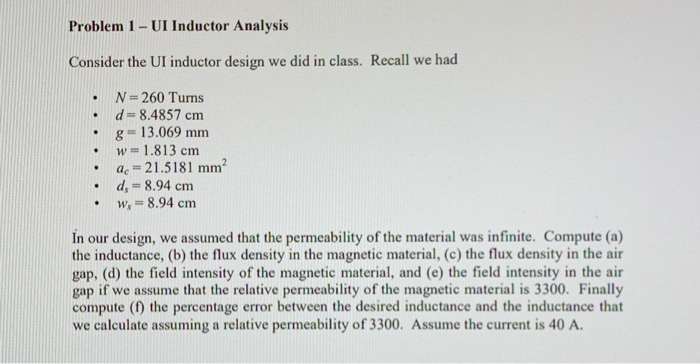 Problem 1-UI Inductor Analysis Consider the UI | Chegg.com