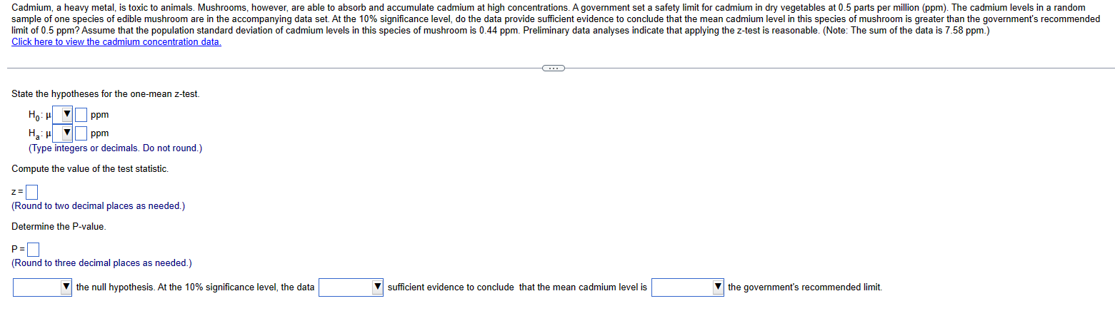 State the hypotheses for the one-mean z-test. (Type | Chegg.com