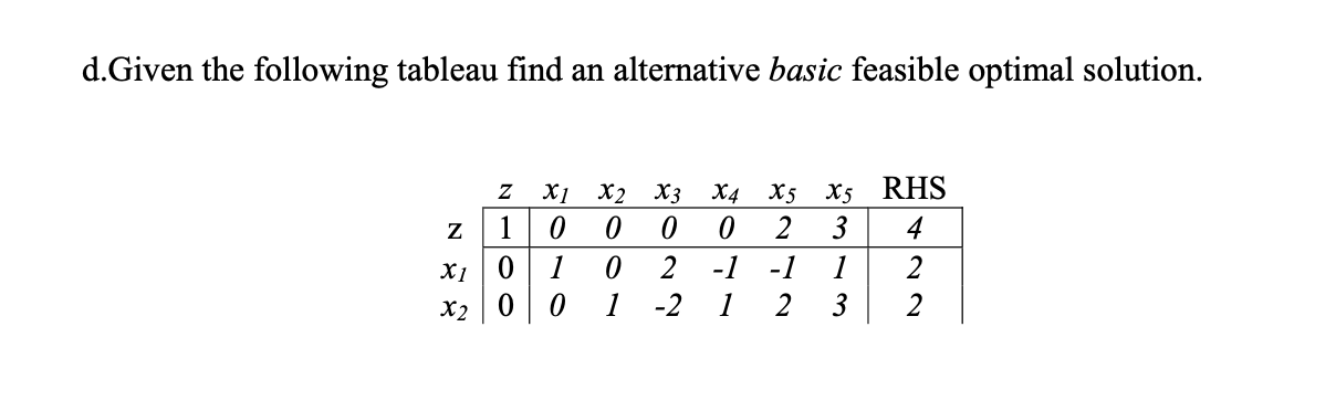 Solved d.Given the following tableau find an alternative | Chegg.com