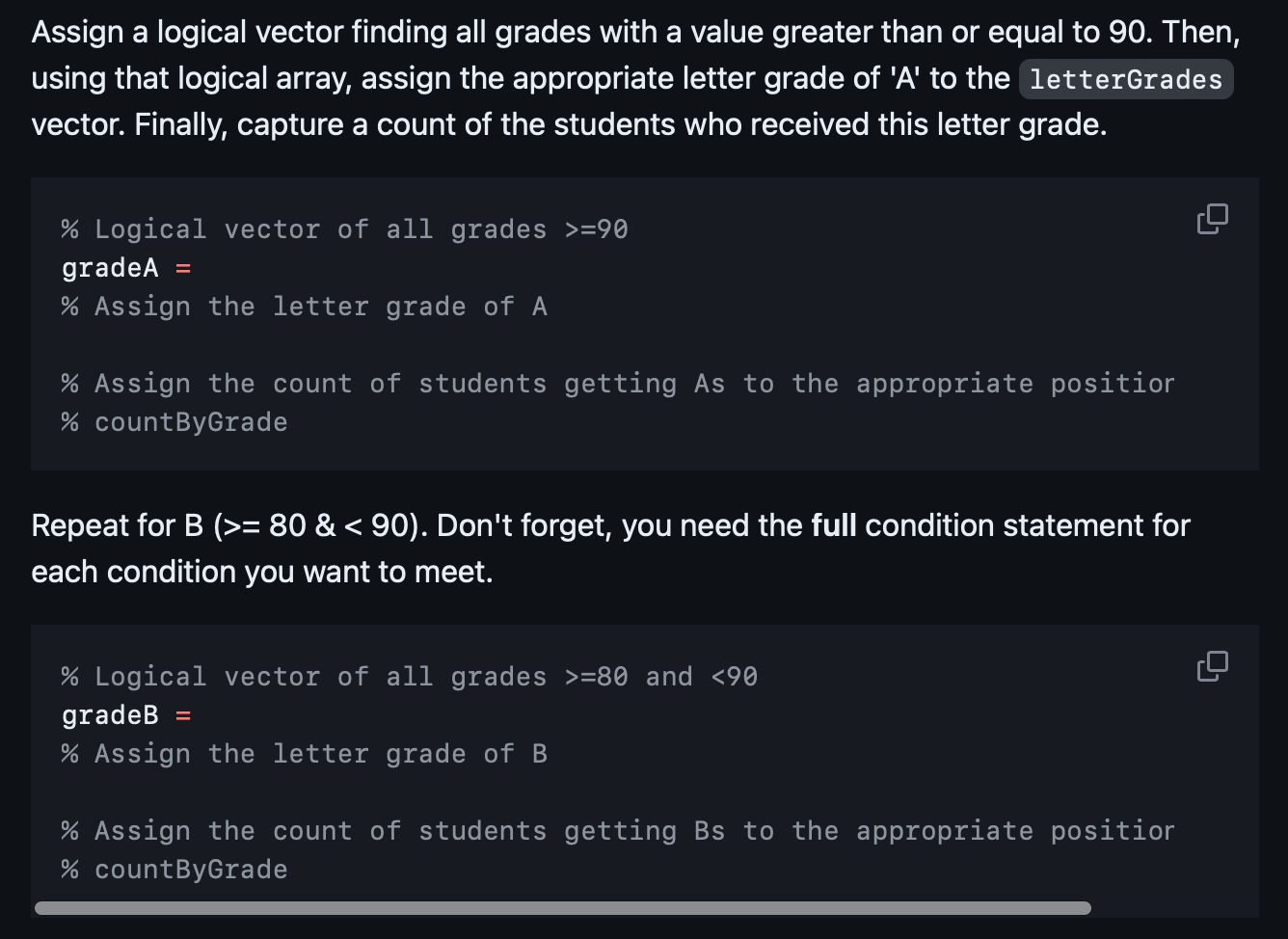 Solved Assign a logical vector finding all grades with a | Chegg.com