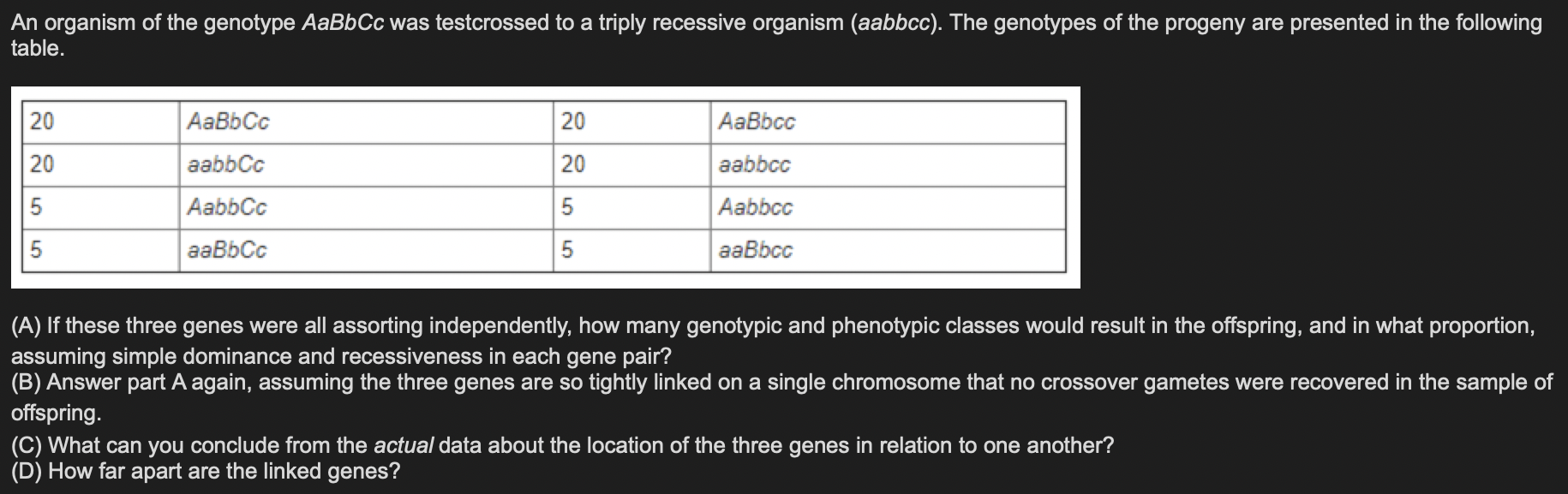 Solved An organism of the genotype AaBbCc was testcrossed to | Chegg.com