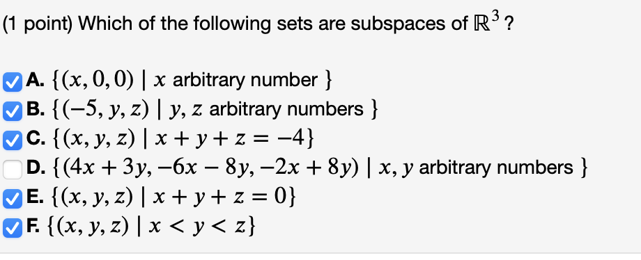 Solved (1 point) Which of the following sets are subspaces | Chegg.com