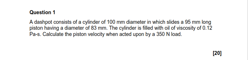 Solved Question 1 A dashpot consists of a cylinder of 100 mm | Chegg.com