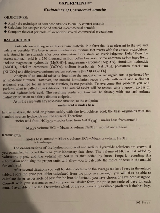 EXPERIMENT #9 Evaluations of Commercial Antacids | Chegg.com
