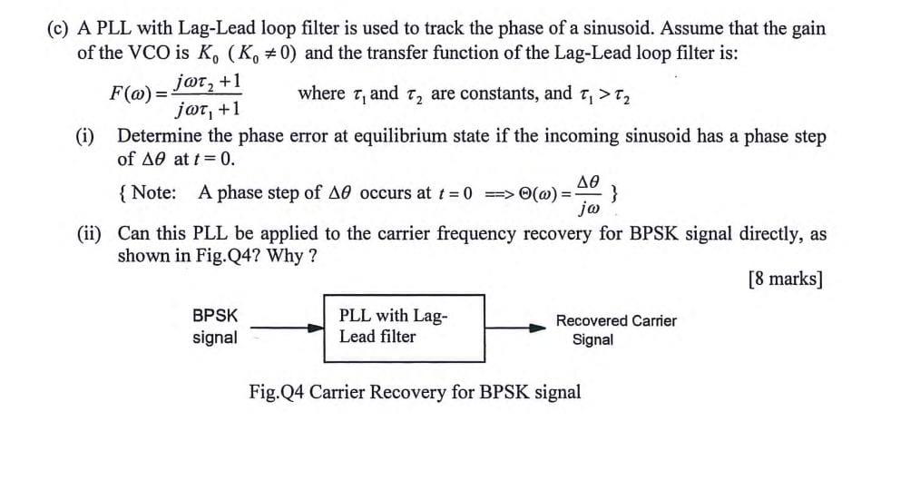 (c) A PLL with Lag-Lead loop filter is used to track | Chegg.com