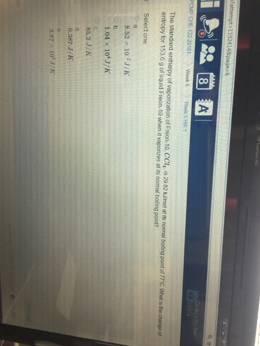 Solved The standard enthalpy of vaporization of Freon-10, | Chegg.com