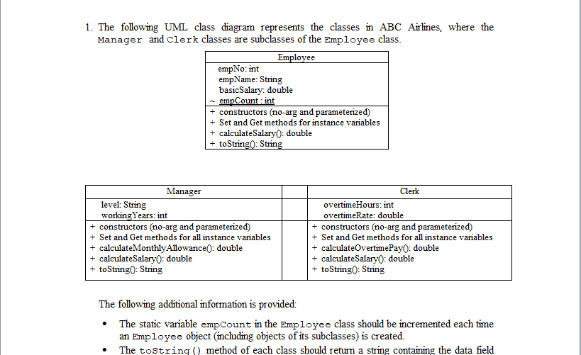 Solved 1. The following UML class diagram represents the | Chegg.com