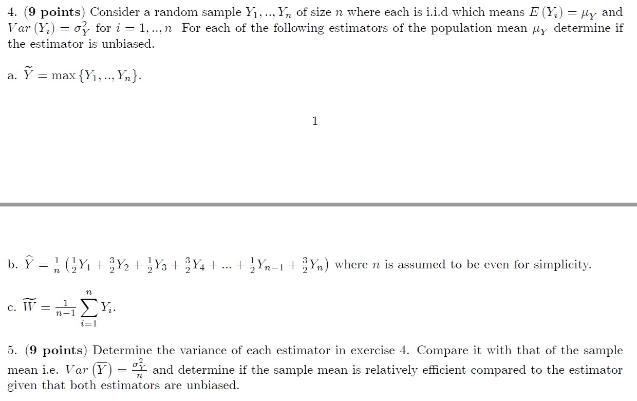 Solved 4. (9 points) Consider a random sample Y1, .., Yn of | Chegg.com