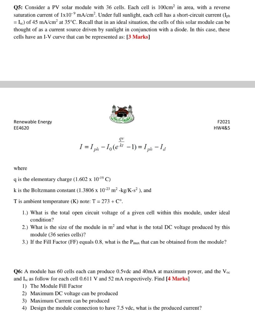 Solved Q5: Consider a PV solar module with 36 cells. Each | Chegg.com