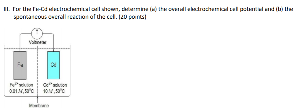 Solved III. For the Fe-Cd electrochemical cell shown, | Chegg.com