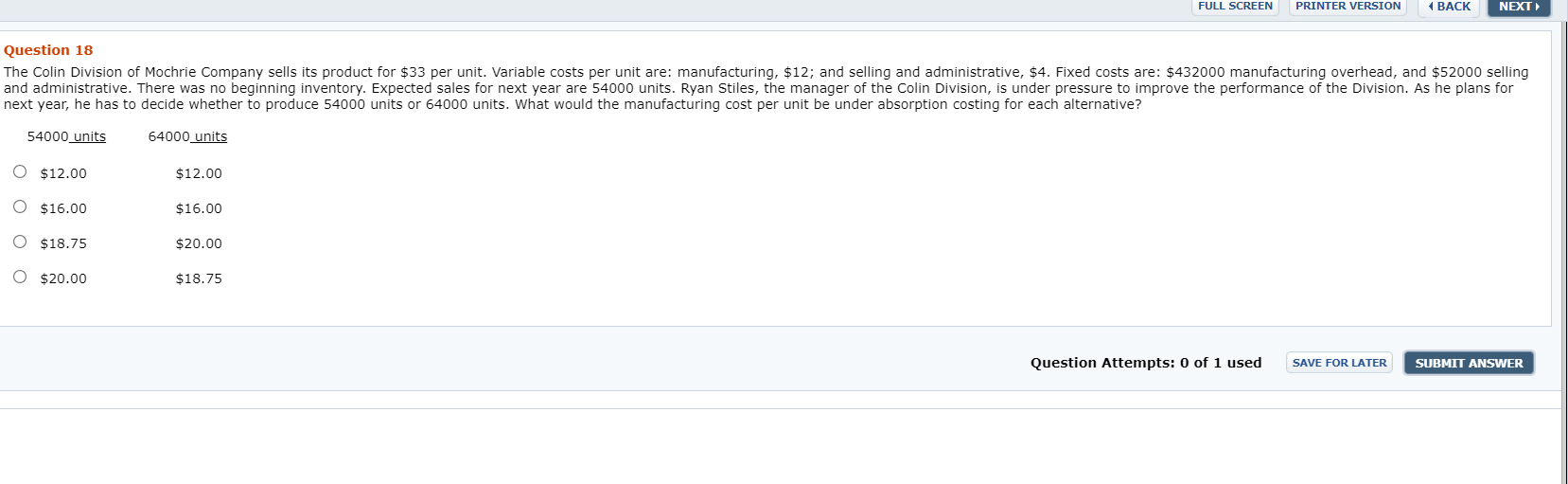 Solved FULL SCREEN PRINTER VERSION BACK NEXT Question 18 The | Chegg.com
