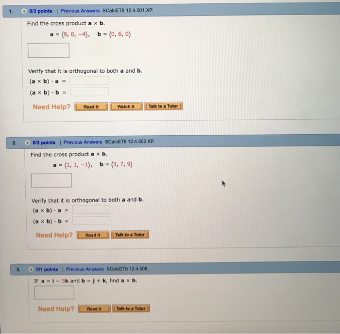 Solved 1. 0/3 points| Previous Answers SCalcET8 12.4.501.XP | Chegg.com