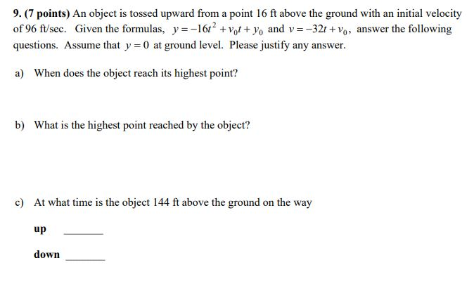 Solved 9.(7 points) An object is tossed upward from a point | Chegg.com