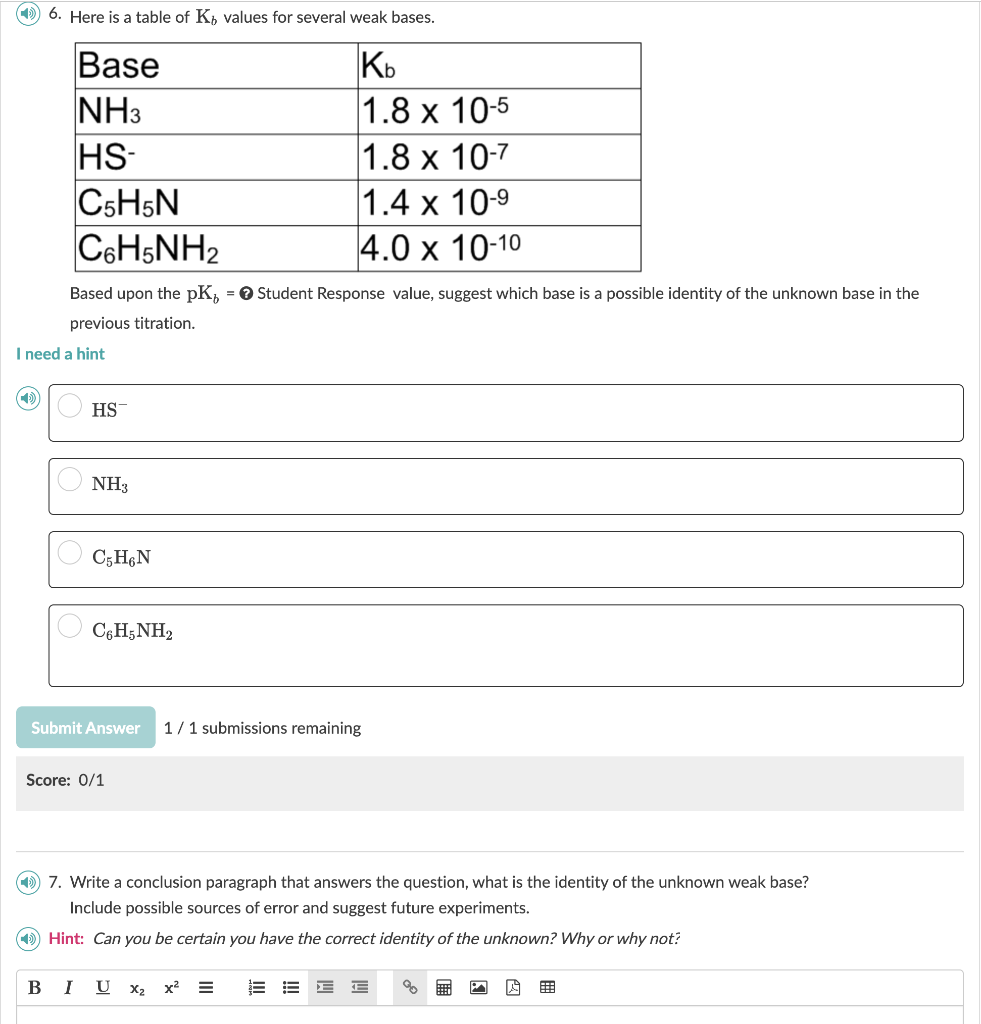 Solved 6. Here is a table of Kb values for several weak | Chegg.com