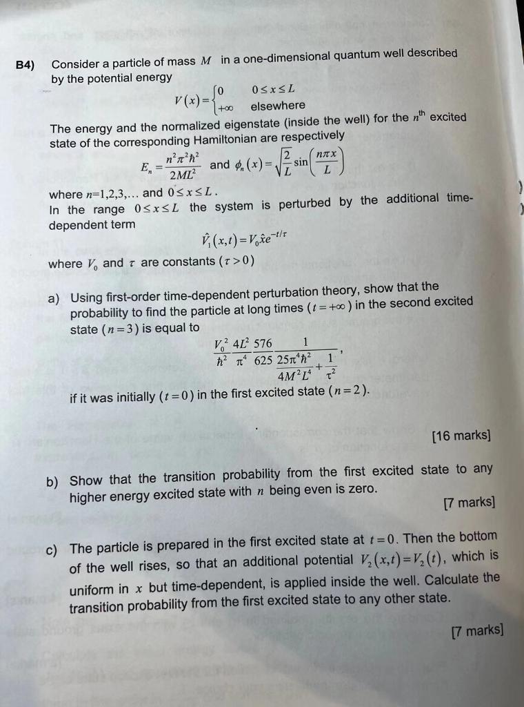Solved B4) V(x)= Consider a particle of mass M in a | Chegg.com