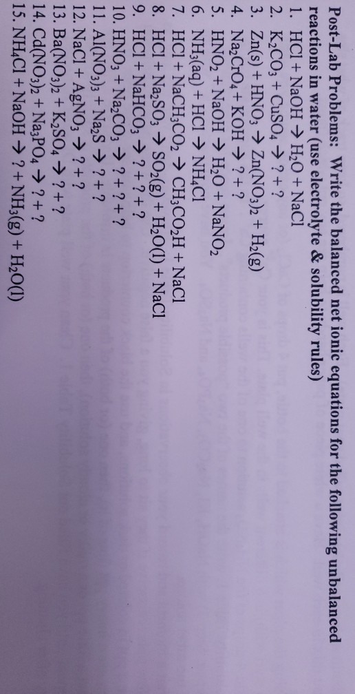 Solved Post-Lab Problems: Write the balanced net ionic | Chegg.com