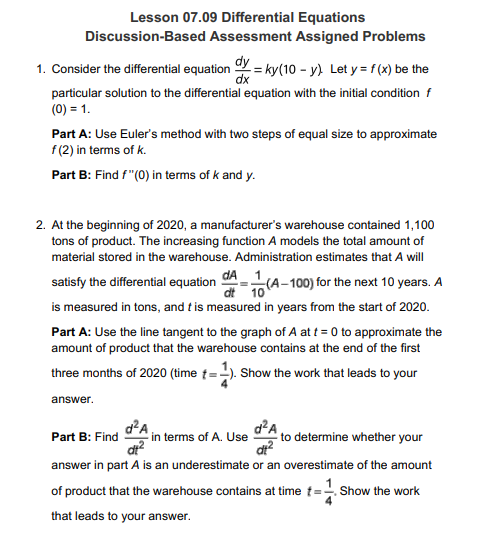 Solved Lesson 07.09 Differential Equations Discussion-Based | Chegg.com