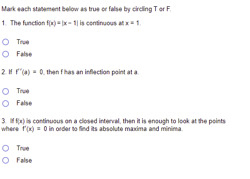 Solved Mark each statement below as true or false by | Chegg.com