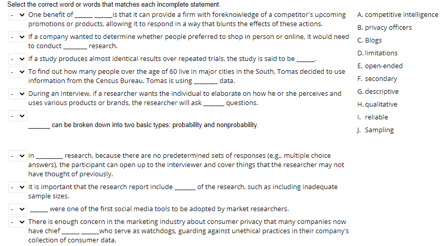 Solved Select the correct word or words that matches each | Chegg.com