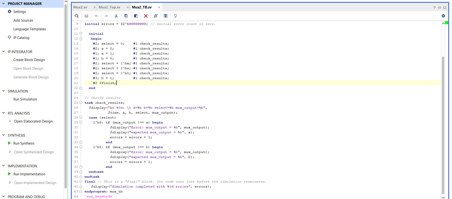 V PROJECT MANAGER Mux2.sv x Mux2_Top.sv x Mux2_TB.sv | Chegg.com
