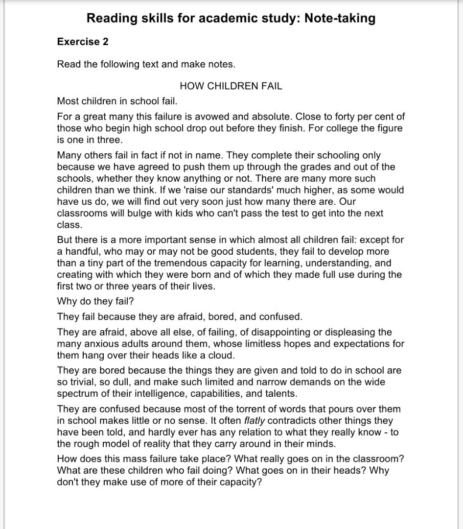 Solved Reading skills for academıc study: Note-takıng | Chegg.com