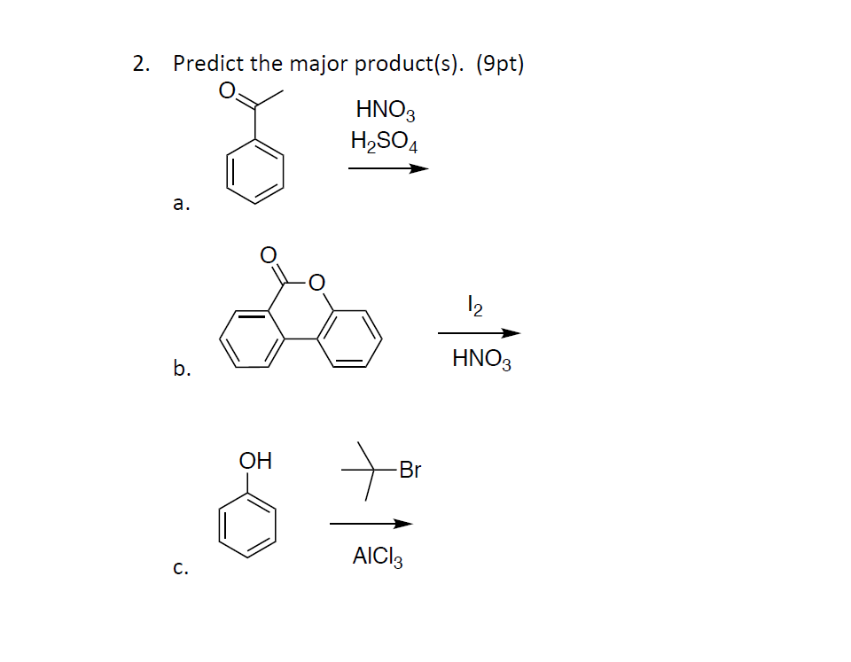Solved 2. Predict the major product(s). (9pt) a. b. HNO3 I2 | Chegg.com