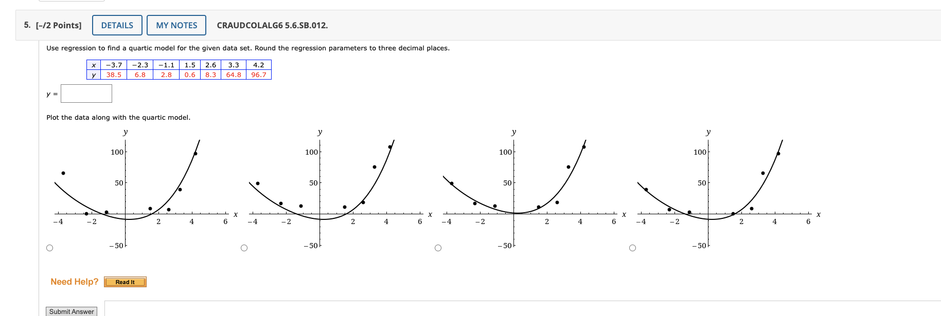 Solved Points]CRAUDCOLALG6 5.6.SB.012.Use regression to find | Chegg.com