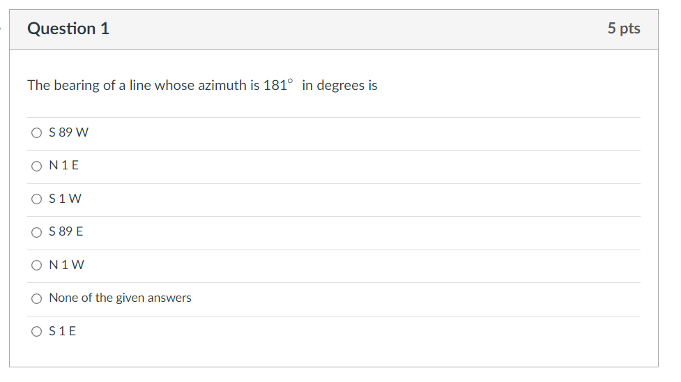 Solved The bearing of a line whose azimuth is 181∘ in | Chegg.com