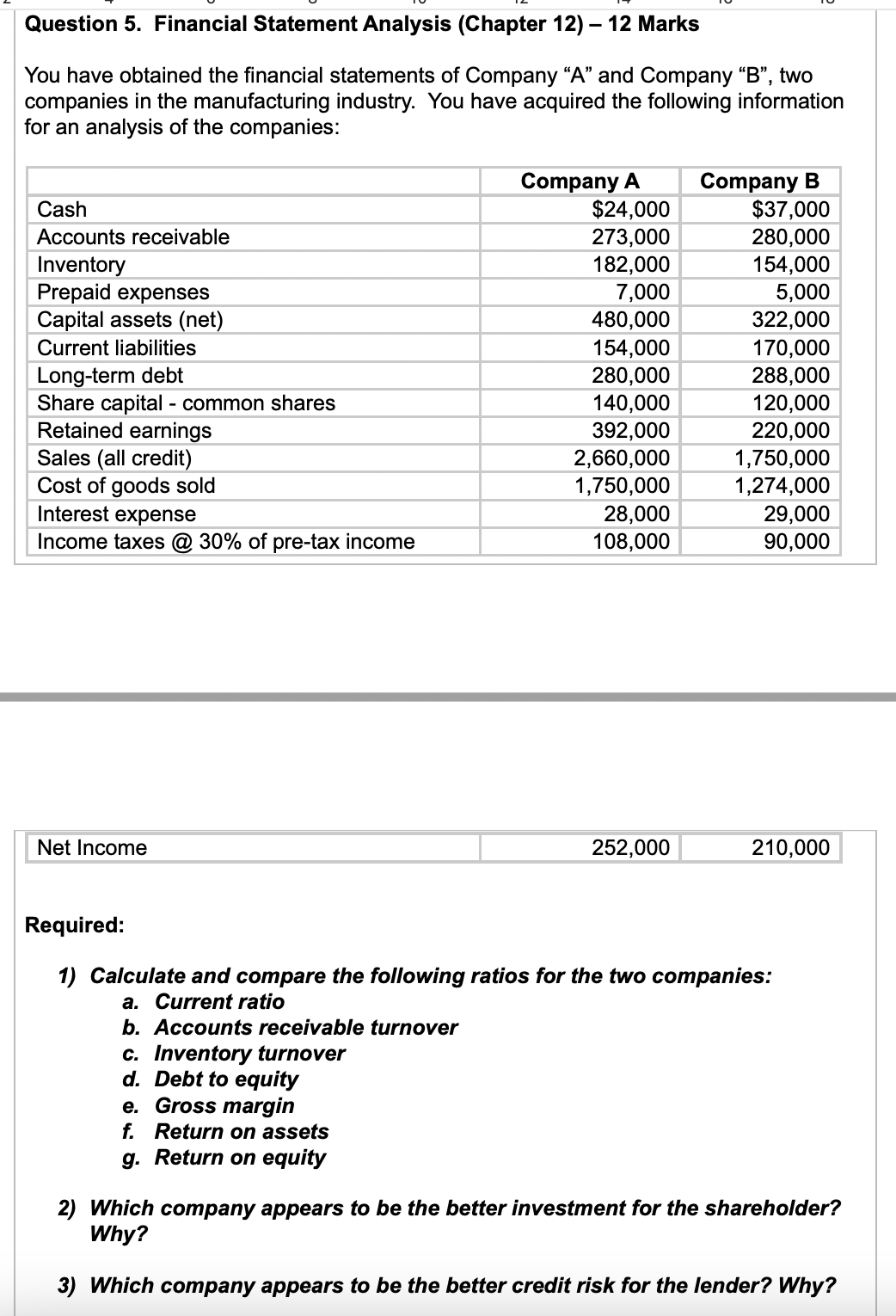 Solved Question 5. Financial Statement Analysis (Chapter 12) | Chegg.com