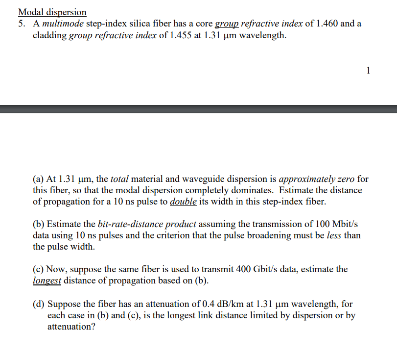 Solved Modal dispersion 5. A multimode step-index silica | Chegg.com