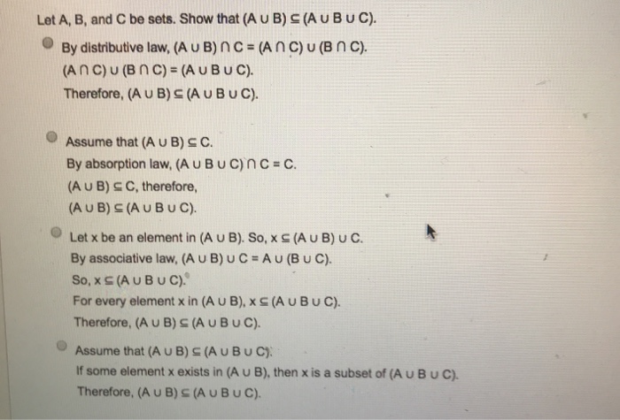 Solved Let A, B, and C be sets. Show that (AUB)S (AuBUC) By | Chegg.com