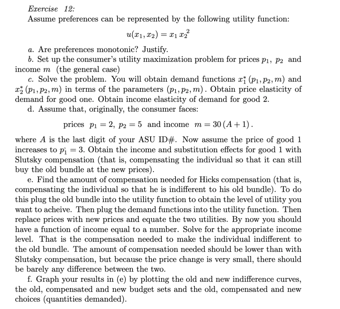 Solved Exercise 12: Assume preferences can be represented by | Chegg.com