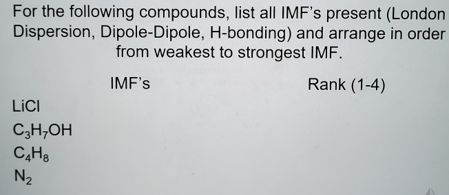 Solved For the following compounds, list all IMF's present | Chegg.com