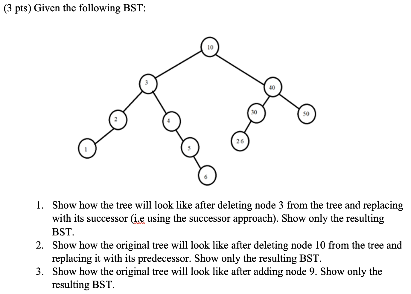 Solved (3 pts) Given the following BST: 10 50 26 6 1. Show | Chegg.com