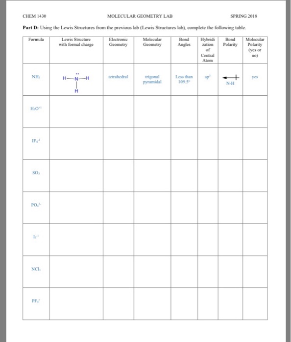 Solved CHEM 1430 MOLECULAR GEOMETRY LAB SPRING 2018 NAME LAB | Chegg.com