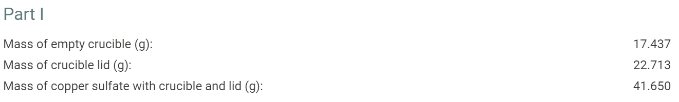 Part I Mass of empty crucible (g): Mass of crucible | Chegg.com