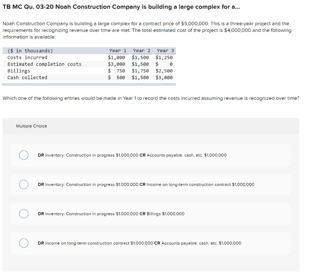 Solved TB MC Qu. 03-20 Noah Construction Company is building | Chegg.com Solved TB MC Qu. 03-20 Noah Construction Company is building | Chegg.com