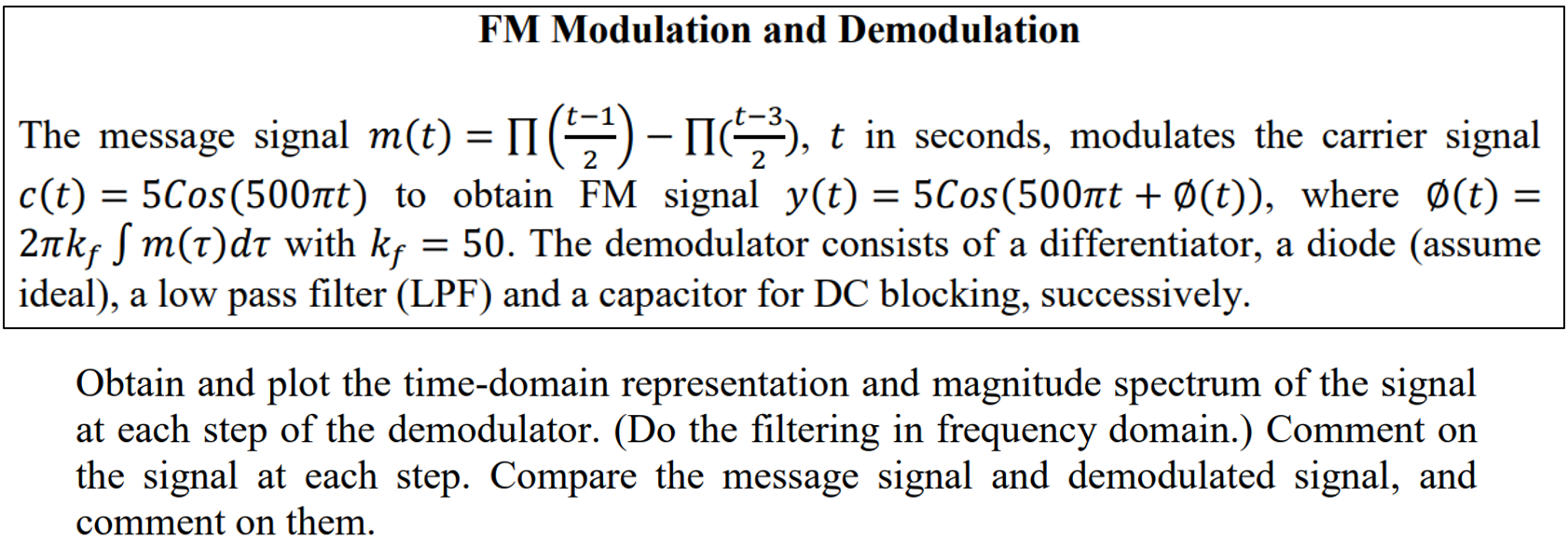Solved FM Modulation and DemodulationObtain and plot the | Chegg.com