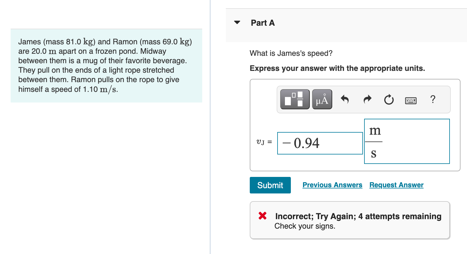 Solved James (mass 81.0 kg ) and Ramon (mass 69.0 kg ) are | Chegg.com