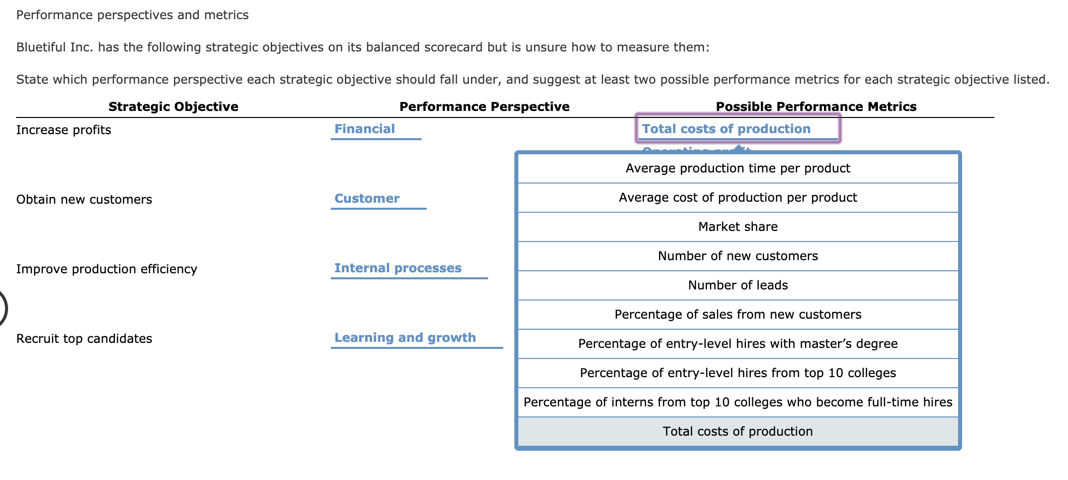 Solved Performance perspectives and metrics Bluetiful Inc. | Chegg.com