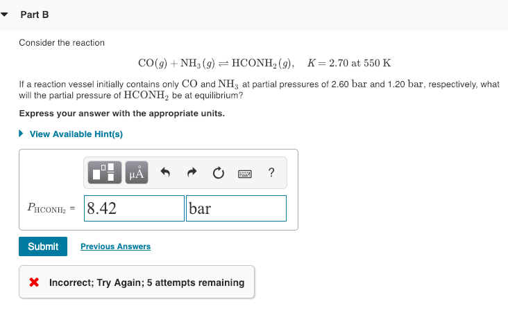 Solved Part B Consider the reaction CO(g) +NH (g HCONH2 (9), | Chegg.com