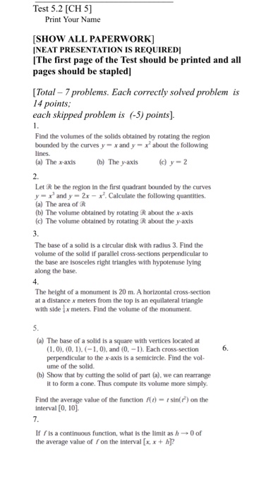 Solved Test 5.2 [CH 5] Print Your Name SHOW ALL PAPERWORK] | Chegg.com