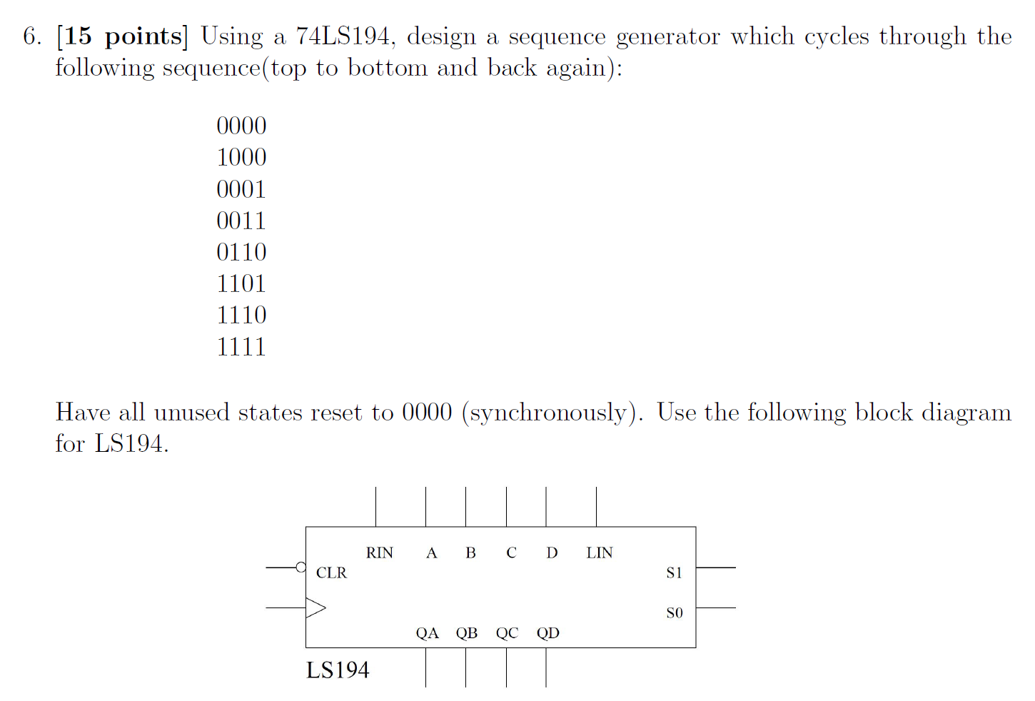 6. [15 points] Using a 74LS194, design a sequence | Chegg.com