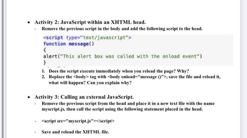 Solved Activity 2: JavaScript within an XHTML head.Remove | Chegg.com