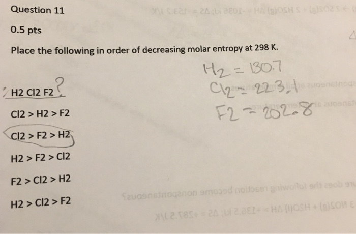Solved place the following in order of decreasing molar | Chegg.com