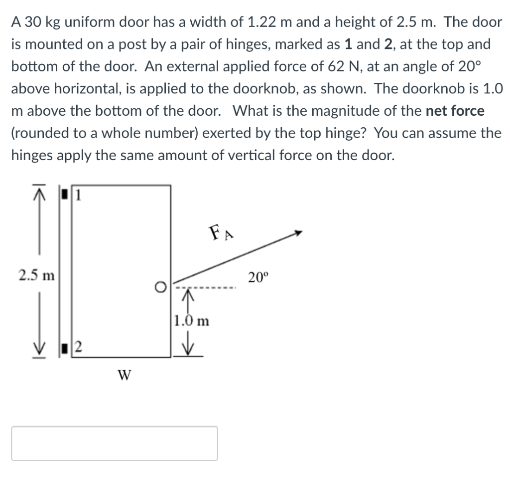 Solved A 30 kg uniform door has a width of 1.22 m and a | Chegg.com