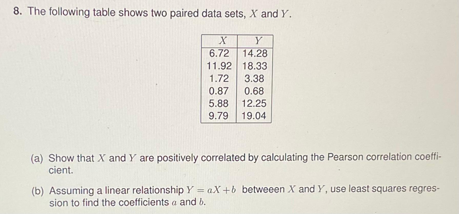 Solved 8. The following table shows two paired data sets, X | Chegg.com