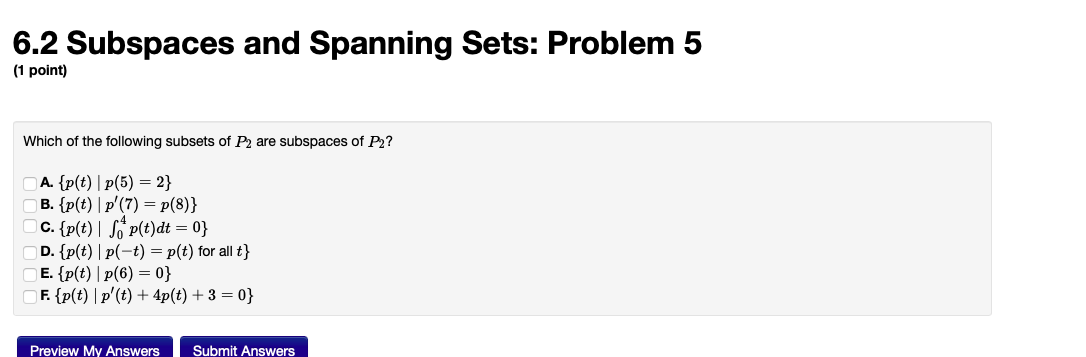 Solved 6.2 Subspaces and Spanning Sets: Problem 5 (1 point) | Chegg.com