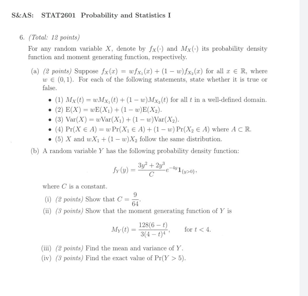 Solved S&AS: STAT2601 Probability and Statistics I 6. | Chegg.com